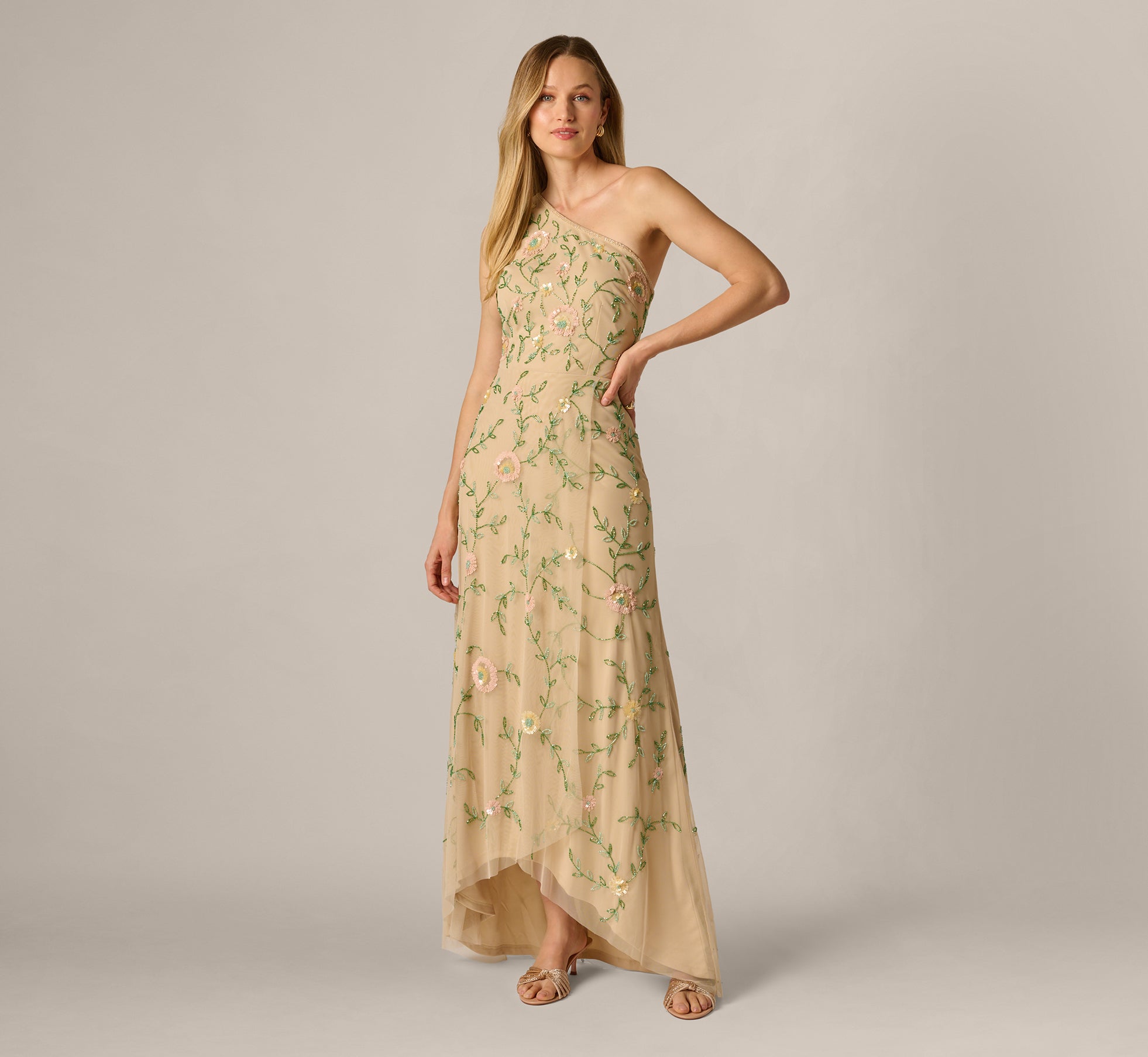 ADRIANNA PAPELL One Shoulder Floral Vine Beaded High Low Gown
